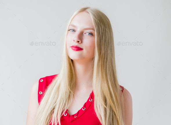 Nice Woman In Red Dress Blonde Short Hair Fashion Female Portrait Cute